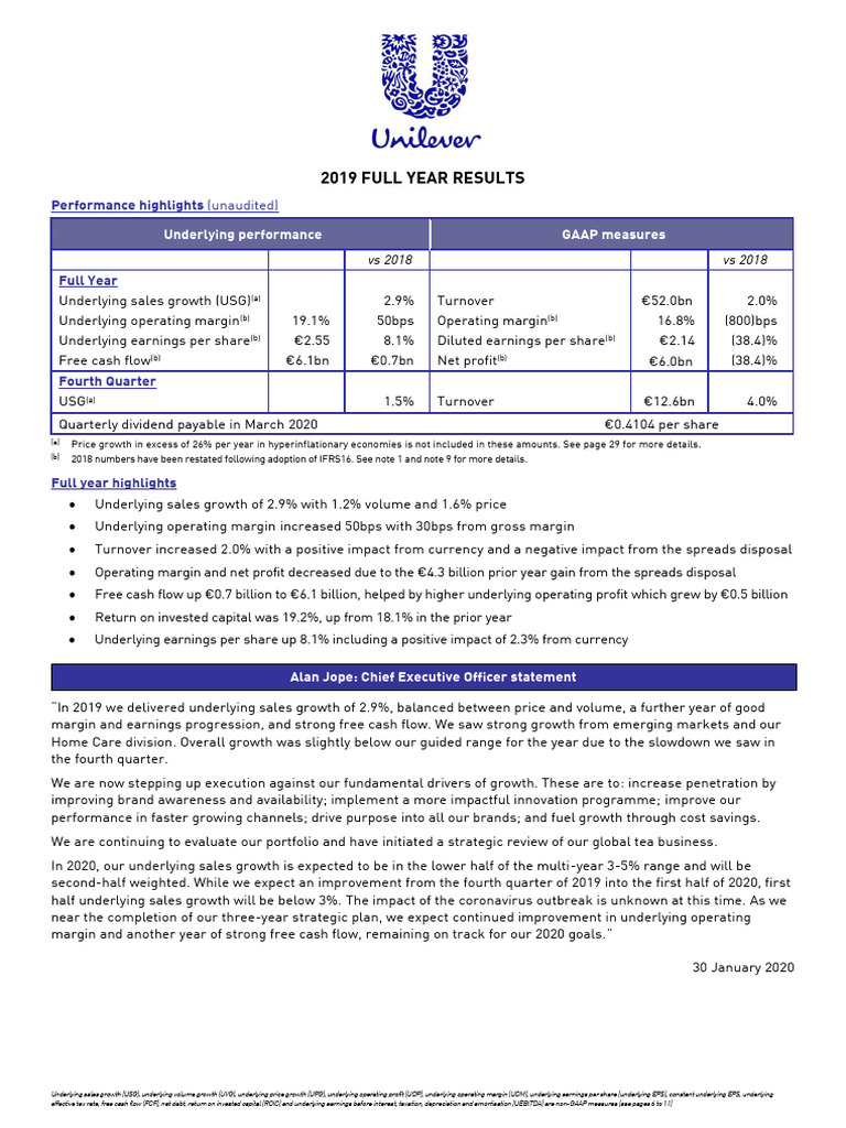 2019 Unilever Full Year Financial Results | PDF | Free Cash Flow | Income