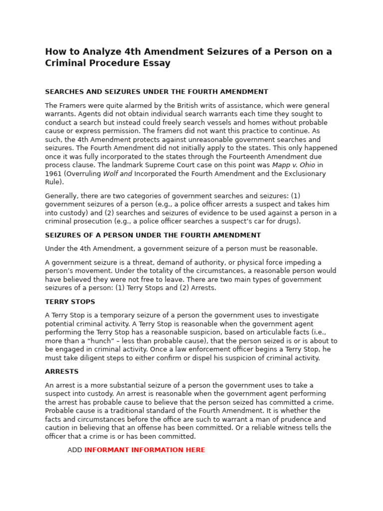 How To Analyze 4th Amendment Seizures of A Person On A Criminal Procedure Essay | PDF | Miranda ...