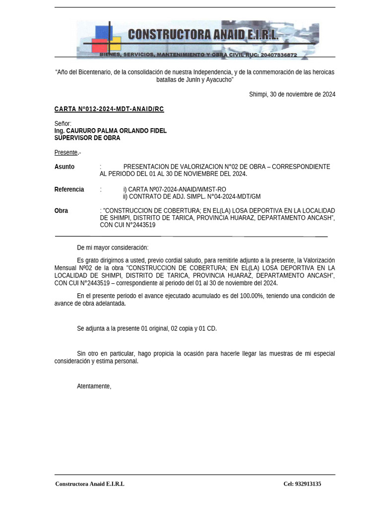 4. CARTA DE PRESENTACION DE VALO | PDF