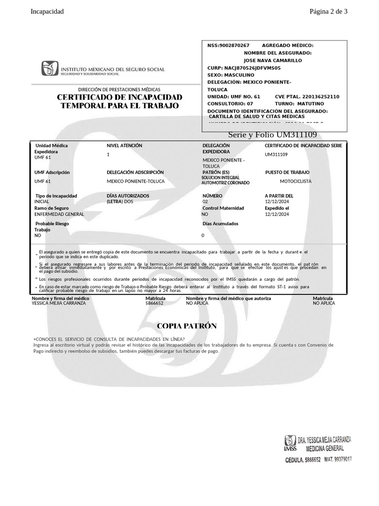 Incapacidad de Yessica Mejía Carranza | PDF
