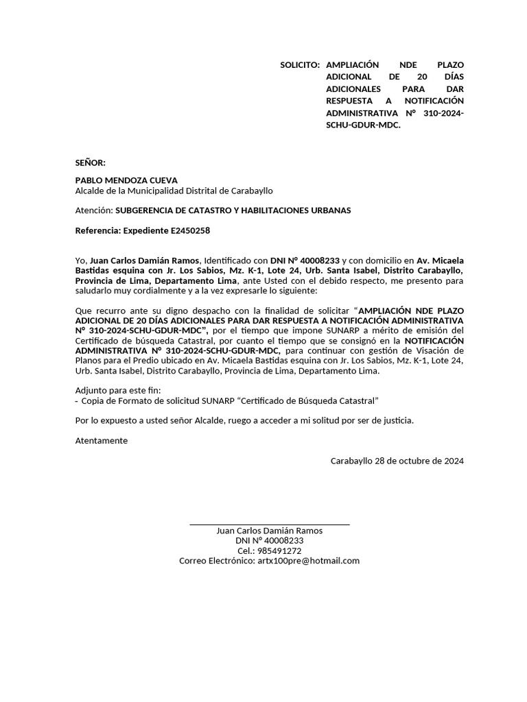 Solicitud Dirigida Al Alcalde - Ebaristo Damian Ramos | PDF