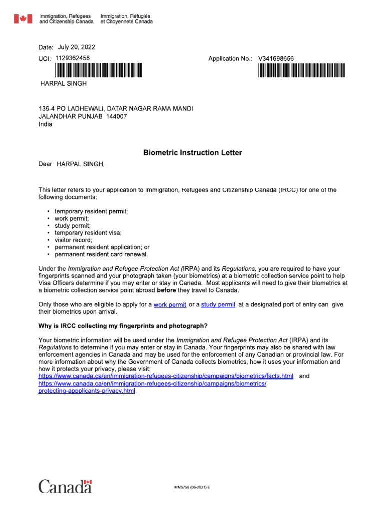 Harpal Singh Biometric Letter | PDF