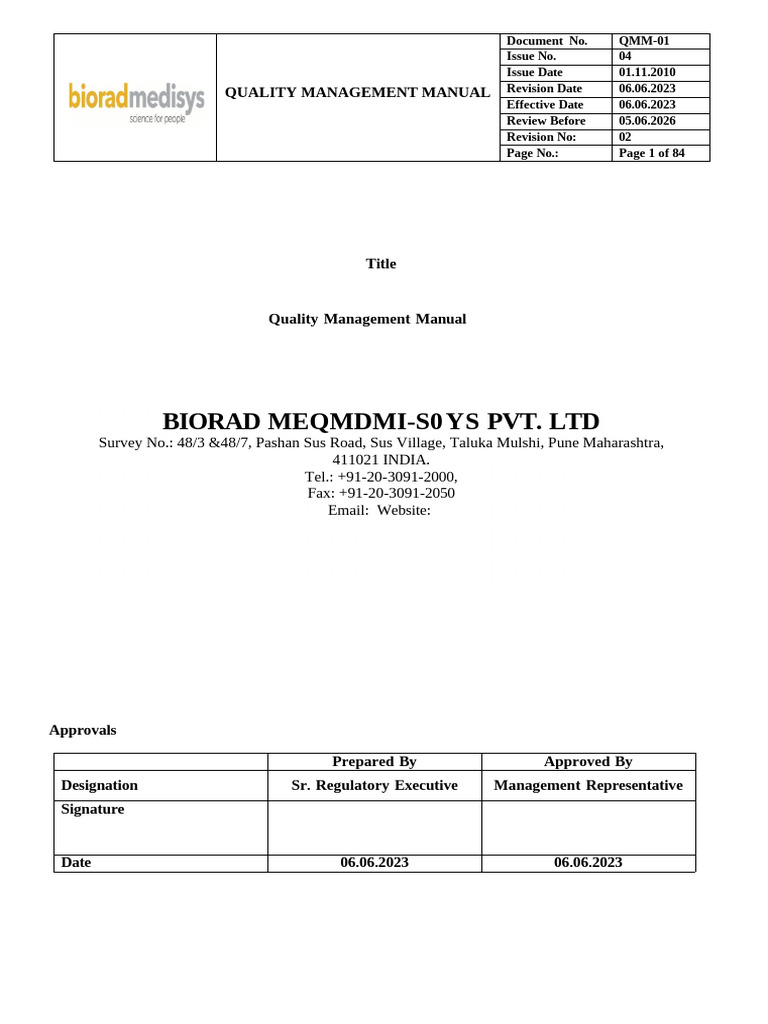 Quality Management Manual Overview | PDF | Medical Device | Quality ...