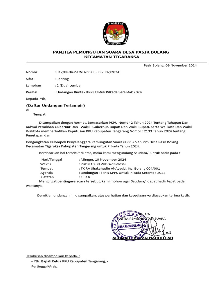 UNDANGAN BIMTEK KPPS PILKADA 2024 PSB | PDF