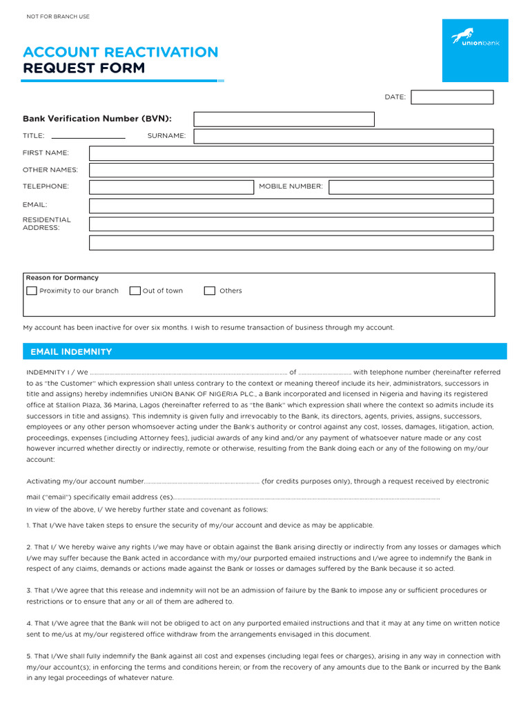 Account Reactivation Form Digital Version | PDF | Indemnity | Banks