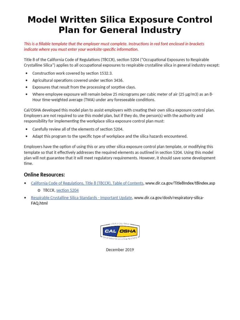 Sample Silica Program General Indusry | PDF | Occupational Safety And ...