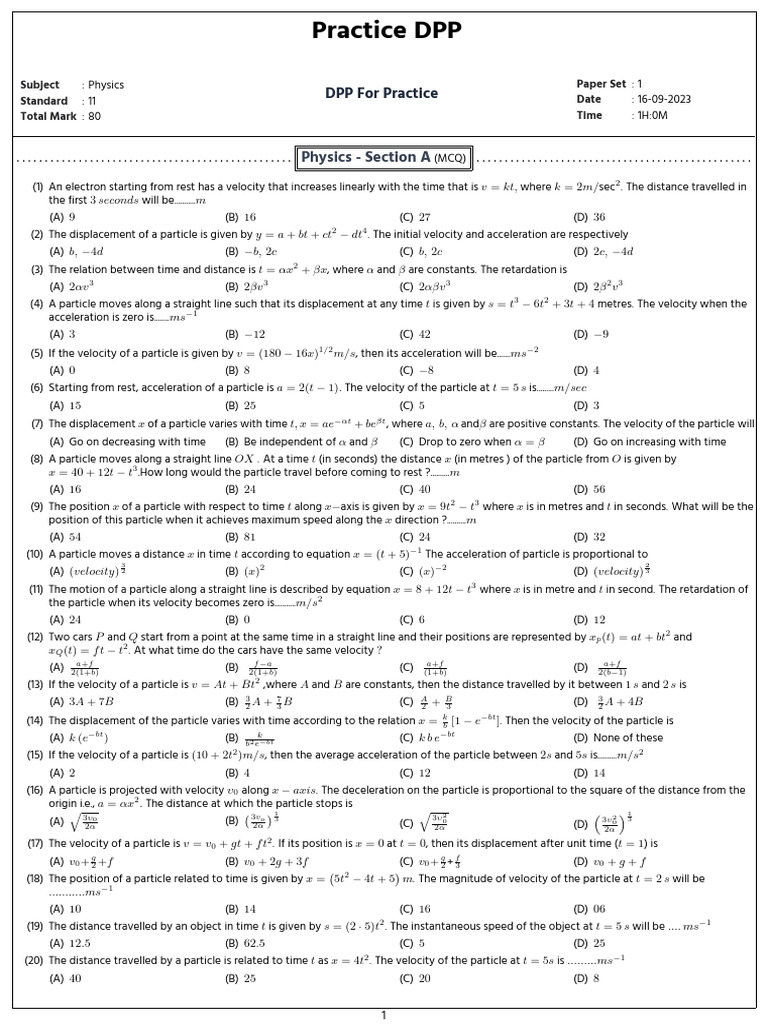 DPP For Practice 1694867554 | PDF | Acceleration | Velocity