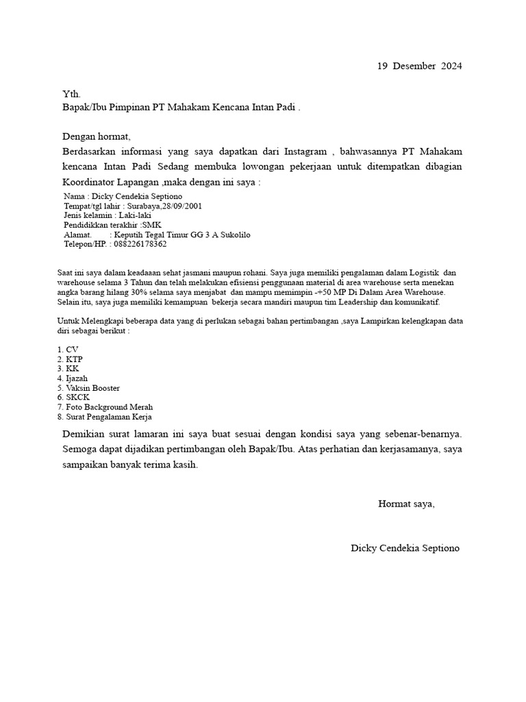 Surat Lamaran Kerja _ Dicky Cendekia Septiono .pdf (1) (16) | PDF