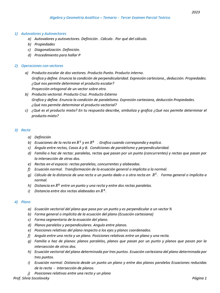 Temario Segundo Examen Parcial Teórico Algebra y Geometría Analítica | PDF | Línea (geometría ...