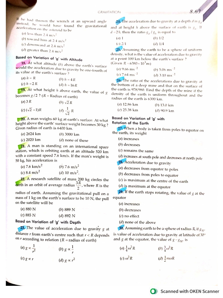 Competency Focused Questions (Variation of G With Height and Depth ...
