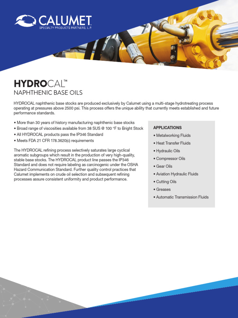Calumet Hydrocal Naphthenic Base Oils Brochure | PDF | Chemical ...