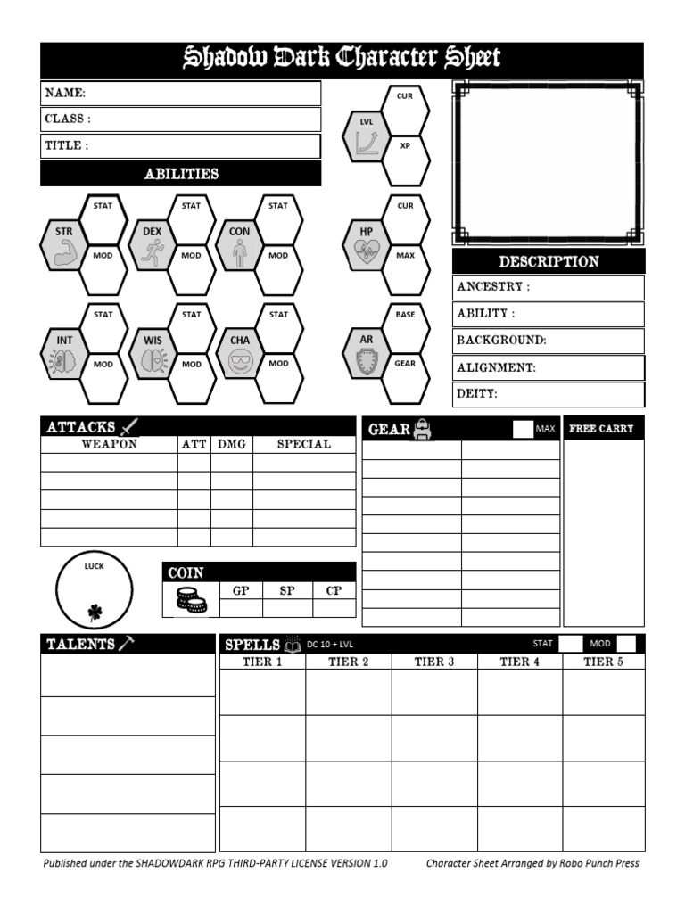 Shadow Dark Character Sheet (V2) - Form Fillable | PDF