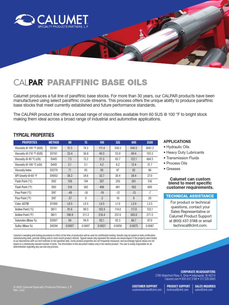 Calumet Calpar Paraffinic Base Oils Brochure | PDF | Viscosity | Liquids