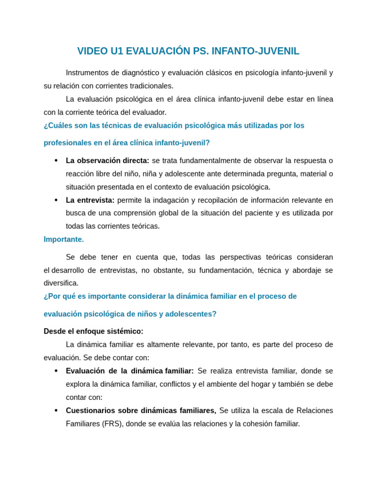 VIDEO U1 EVALUACIÓN PS. INFANTO JUVENIL | PDF | Sicología | Escala de inteligencia para adultos ...