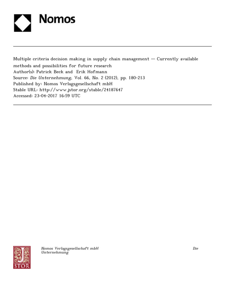 Multiple Criteria Decision Making In Supply Chain Management — Currently Available Methods And