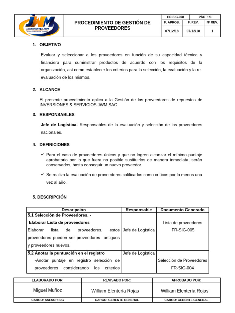 PR-SIG-008 Procedimiento de Gestión de Proveedores | PDF