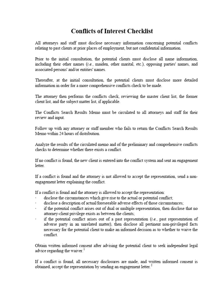 Conflicts of Interest Checklist | PDF | Conflict Of Interest | Interest