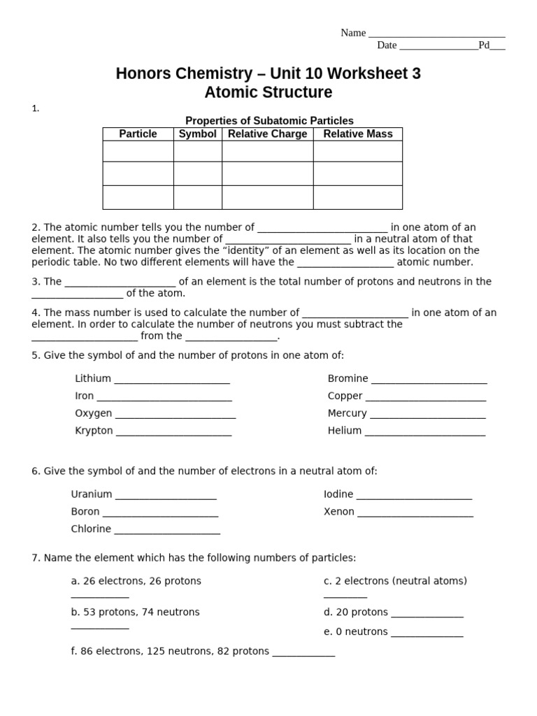 04 - U10 - Hon Ws 3 Atomic Structure and Pne | PDF | Chemical Elements ...