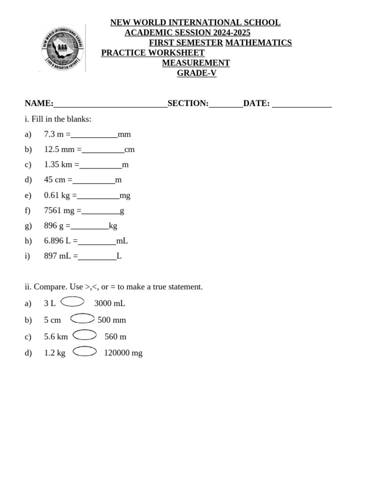 Grade 5 Math Measurement Worksheet | PDF