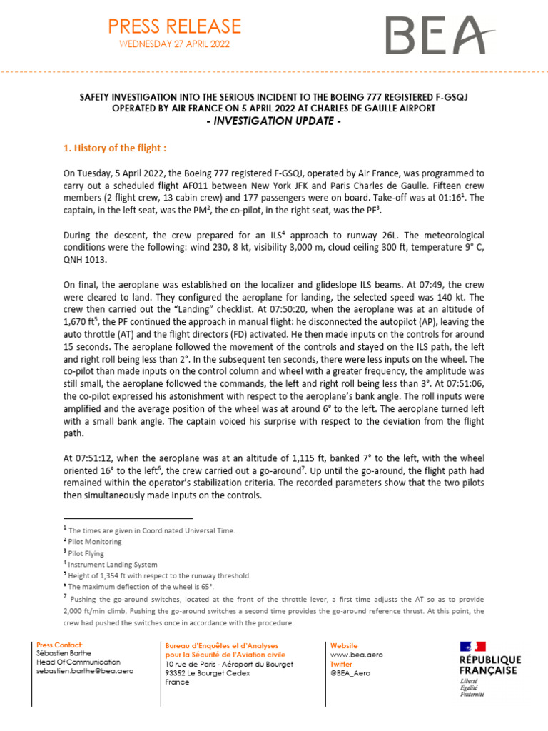 BEA - Press Release 270422 | PDF | Aviation | Aviation Accidents And ...