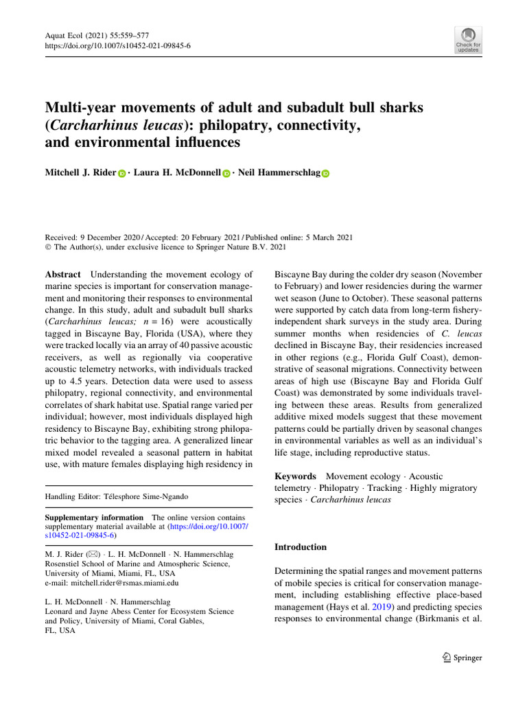 Multi-Year Movements of Adult and Subadult Bull Sharks (Carcharhinus ...