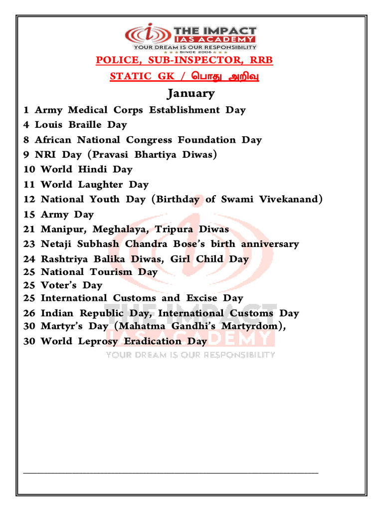 Important Dates, Days | PDF