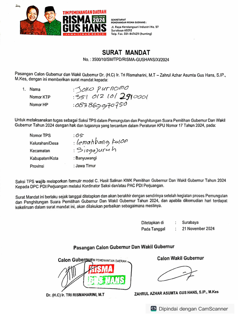 Mandat Saksi Gubernur Paslon 03 (Tps 5) | PDF