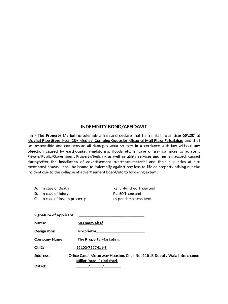 Indemnity Bond Affidavit | PDF