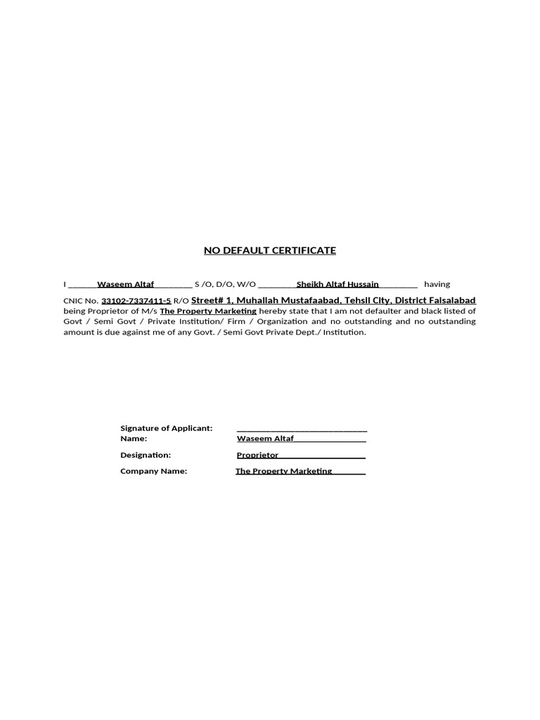 No Default Certificate for Waseem Altaf | PDF