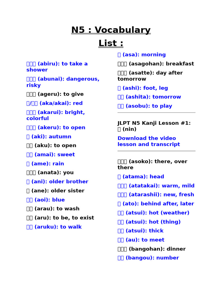 N5 Vocabulary | PDF