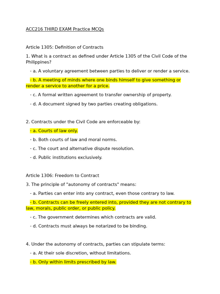 ACC216 THIRD EXAM Practice MCQs | PDF | Void (Law) | Annulment