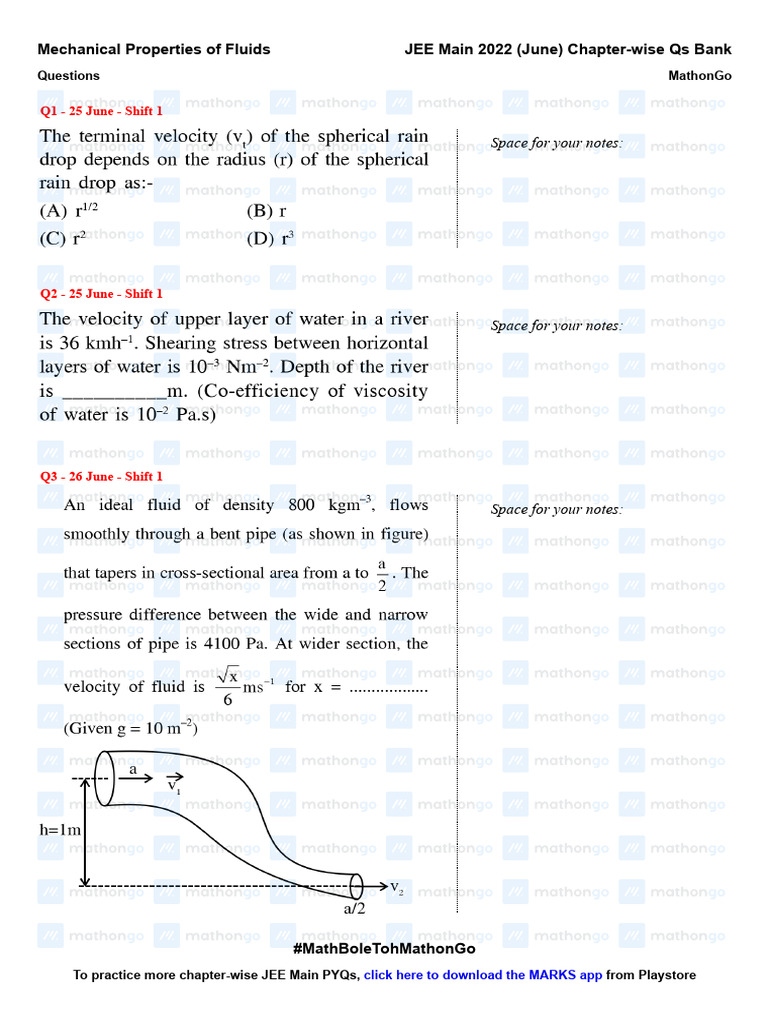 Mechanical Properties of Fluids - JEE Main 2022 Chapter Wise Questions by MathonGo | PDF