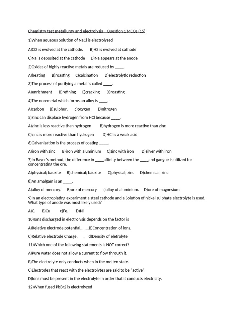 Electrolysis and Metallurgy Worksheet | PDF | Electrolyte | Anode