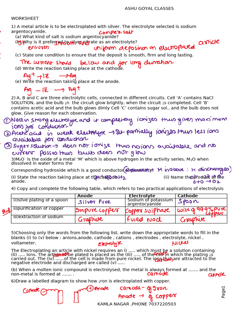 Electrolysis Class Notes Worksheet Answer | PDF | Electrolyte | Anode