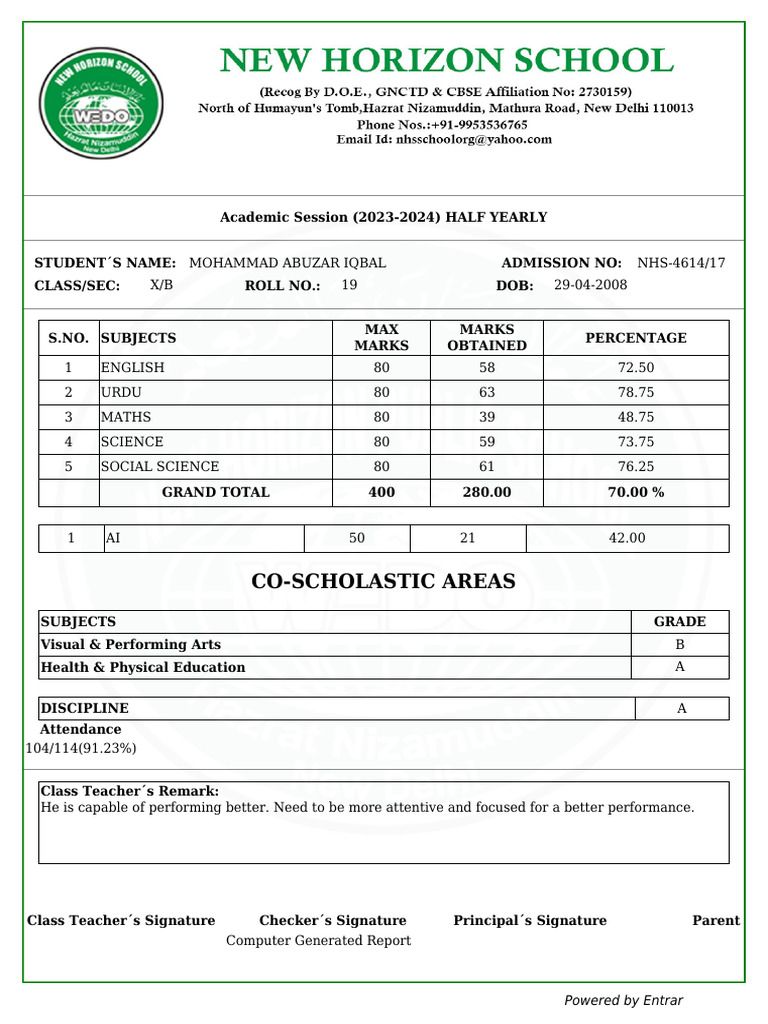 2023-2024 Half Yearly Report Card | PDF
