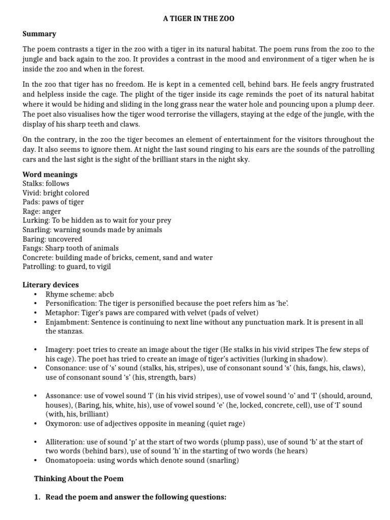 A Tiger in The Zoo Class Notes | PDF | Tiger