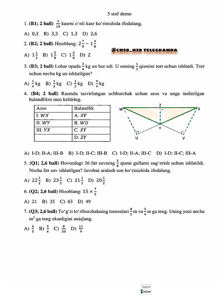 5-Sinf Matematika CHSB-2 Demo | PDF