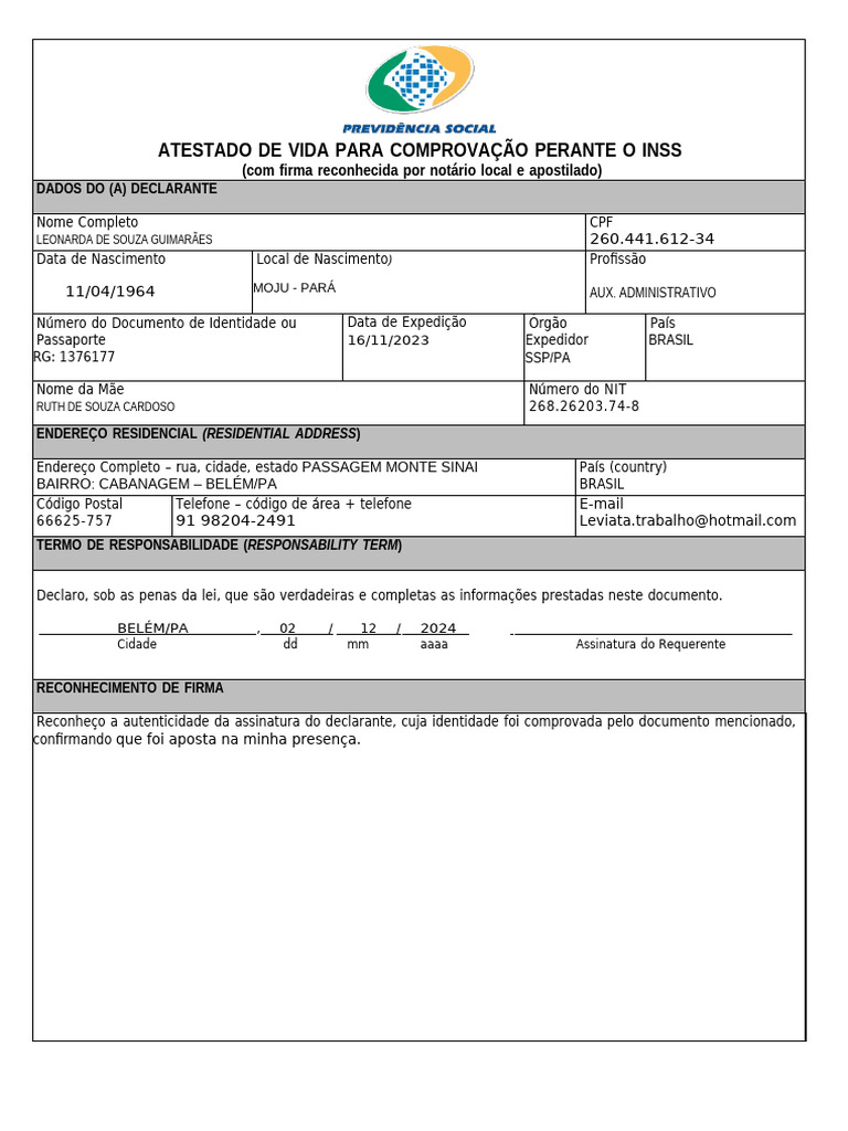 Atestado de Vida para INSS com Apostila | PDF