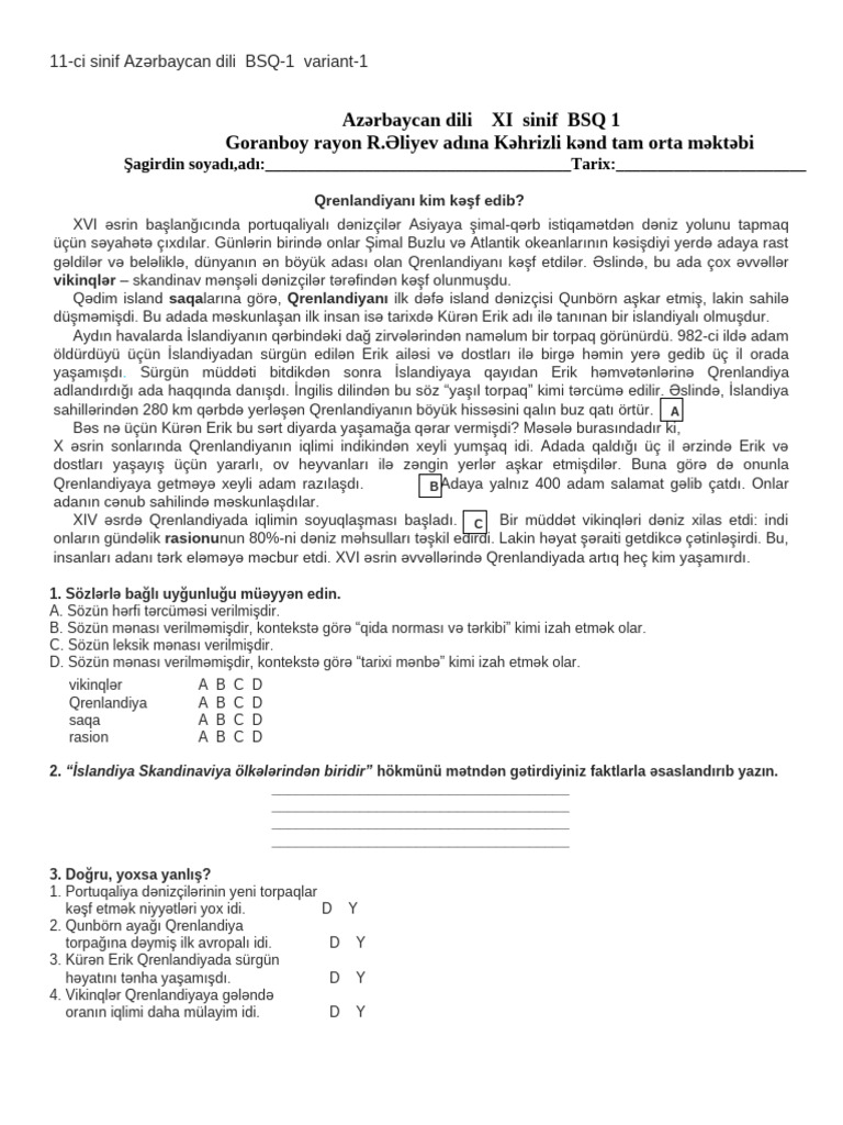 11 Ci Sinif Az - Dili BSQ 1 Var 1 | PDF