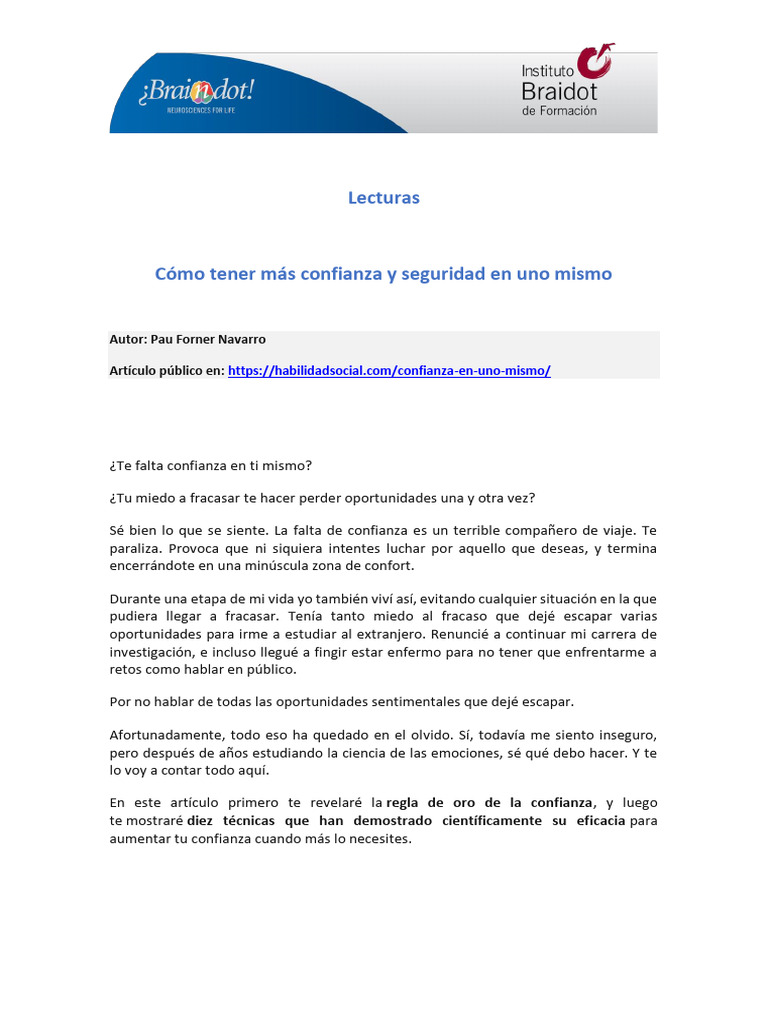 CÃ Mo Tener Mã¡s Confianza en Uno Mismo Navarro | PDF | Autoestima | el ...
