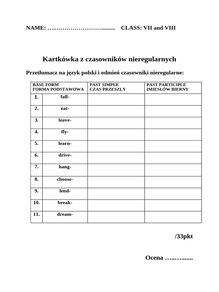 Test Czasowniki Nieregularne Vii Klasa 7 I 8 Czesc 1 | PDF