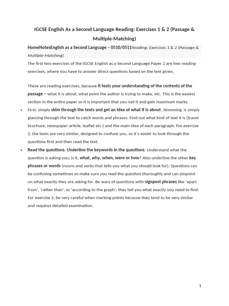 Igcse English As A Second Language Reading Pdf English Language Question