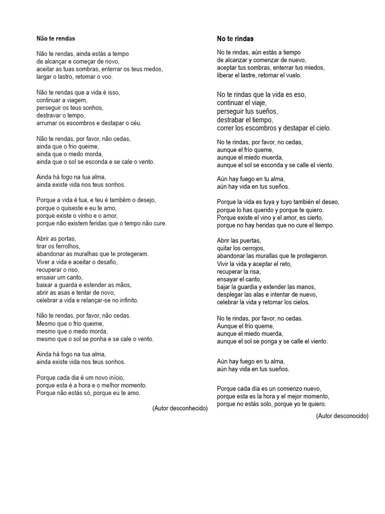 Poema - No Te Rindas (Não Te Rendas) | PDF