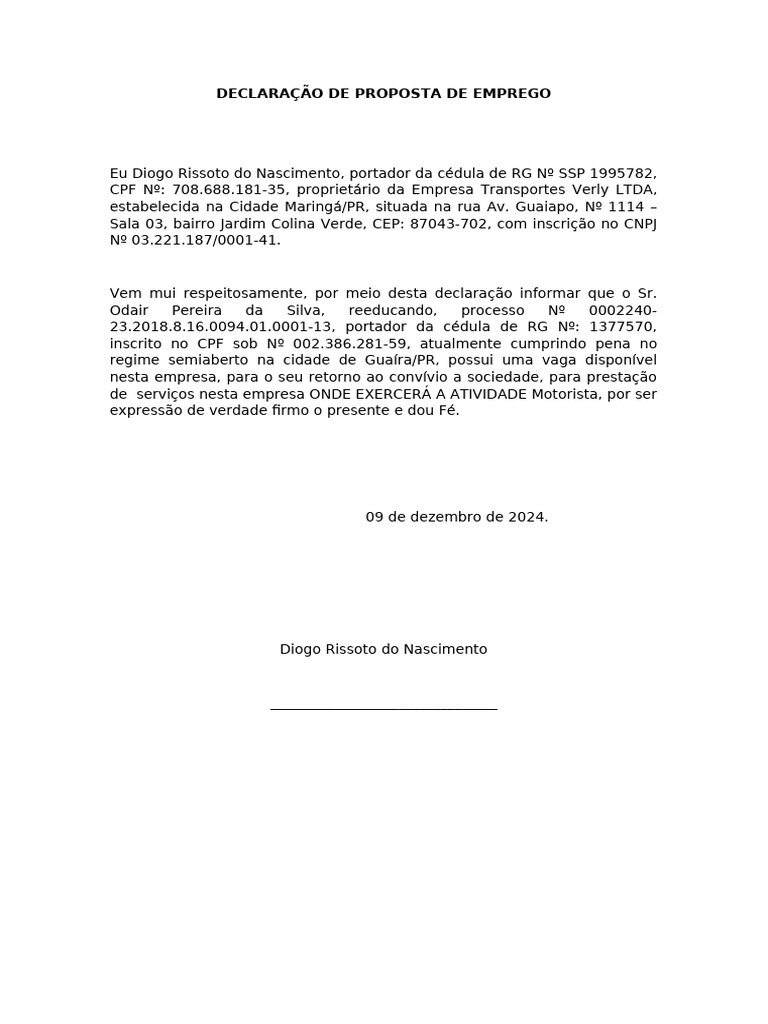 Declaração de Proposta de Emprego | PDF