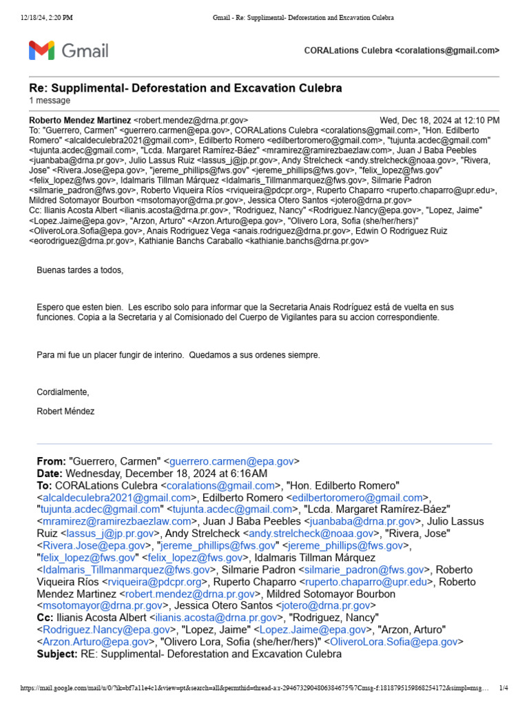 DRNA Interim Secretery Mendez Martinez_Gmail - Re_ Supplimental- Deforestation and Excavation ...