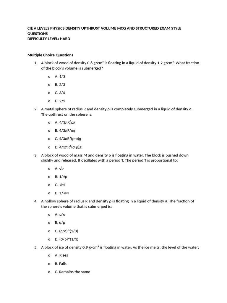 Cie A Levels Physics Density Upthrust Volume MCQ and Structured Exam Style Questions | PDF ...