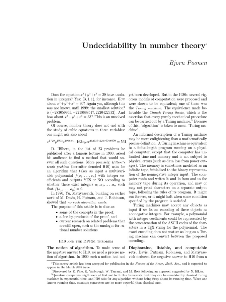 Undecidability in Number Theory | PDF | Polynomial | Equations
