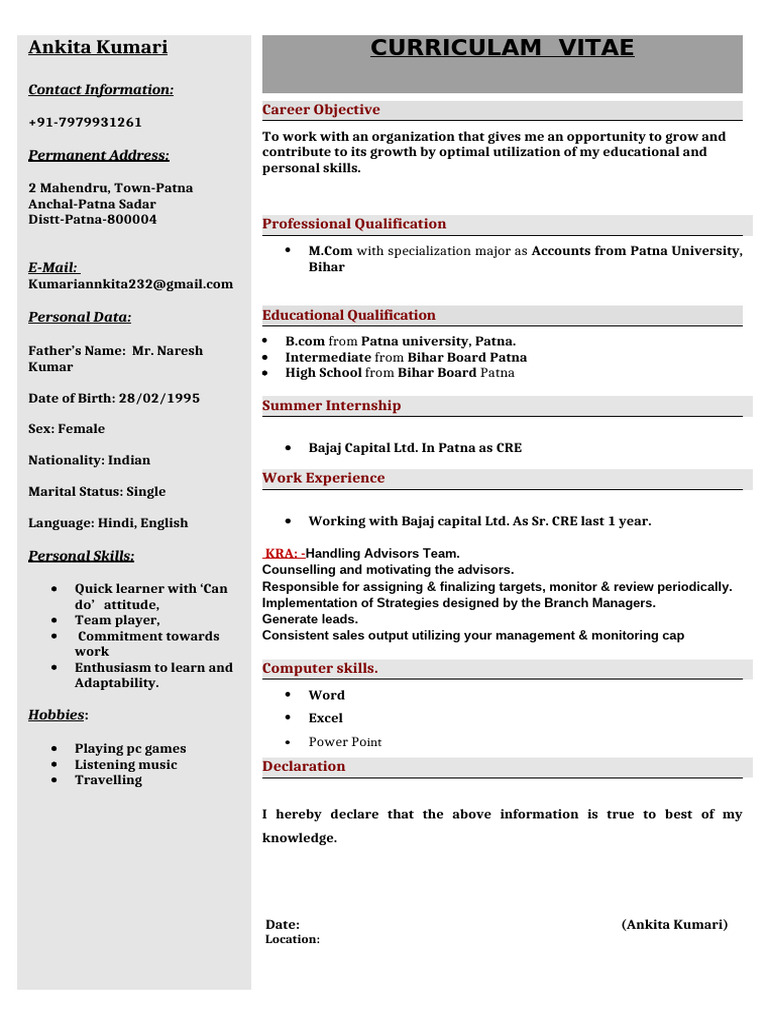Ankita Kumari CV: Sr. CRE at Bajaj Capital | PDF