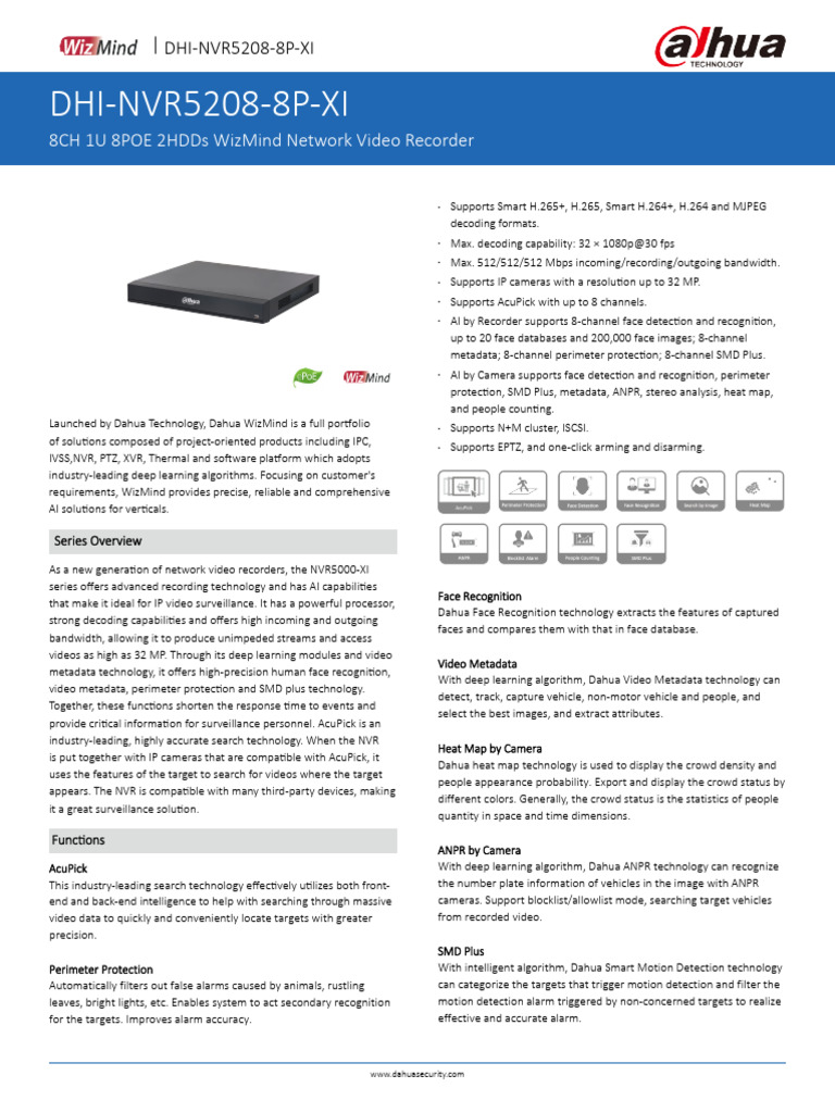 NVR5208-8P-XI S0 Datasheet 20240509 | PDF | Hdmi | Metadata