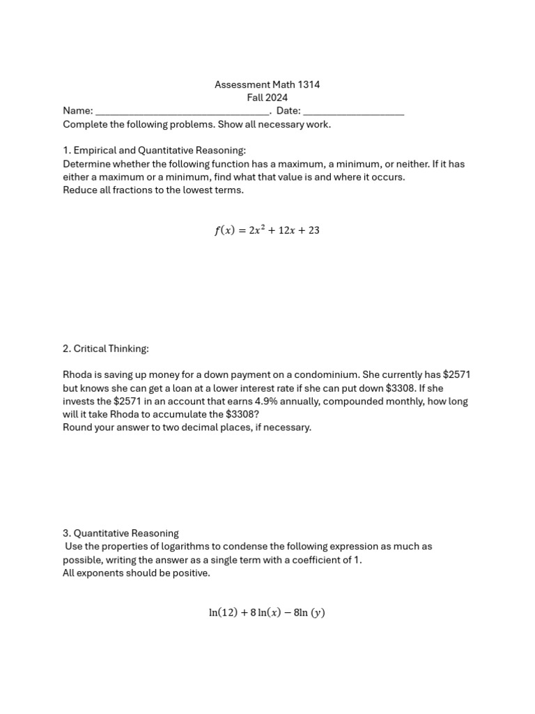 Math 1314 Assessment Fall 2024 | PDF